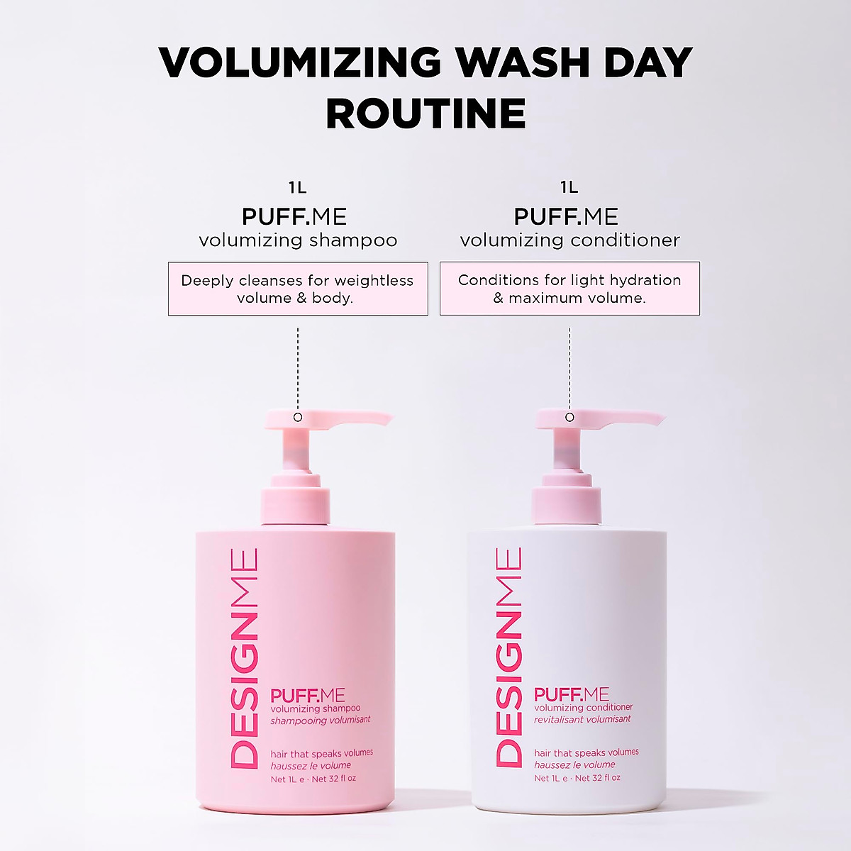 Design.Me PUFF.ME Hair Volume Shampoo and Conditioner Bundle | Paraben & Sulfate Free Shampoo & Color Conditioner Enriched with Sunflower Seed Oil | Color-Safe Hair Volumizer Set, (32 Fl Oz Each)