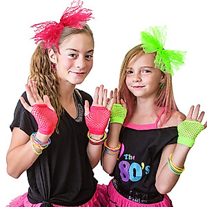 Blulu 80's Lace Headband Costume Accessories for 80s Theme Party, No Headache Neon Lace Bow Headband, Set of 4 (Fresh Color)