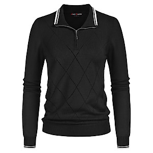 JACK SMITH Black Sweater Women Knit Fall Long Sleeve Argyle Pullover Quarter Zip Ribbed Polo Lightweight V Neck Top L