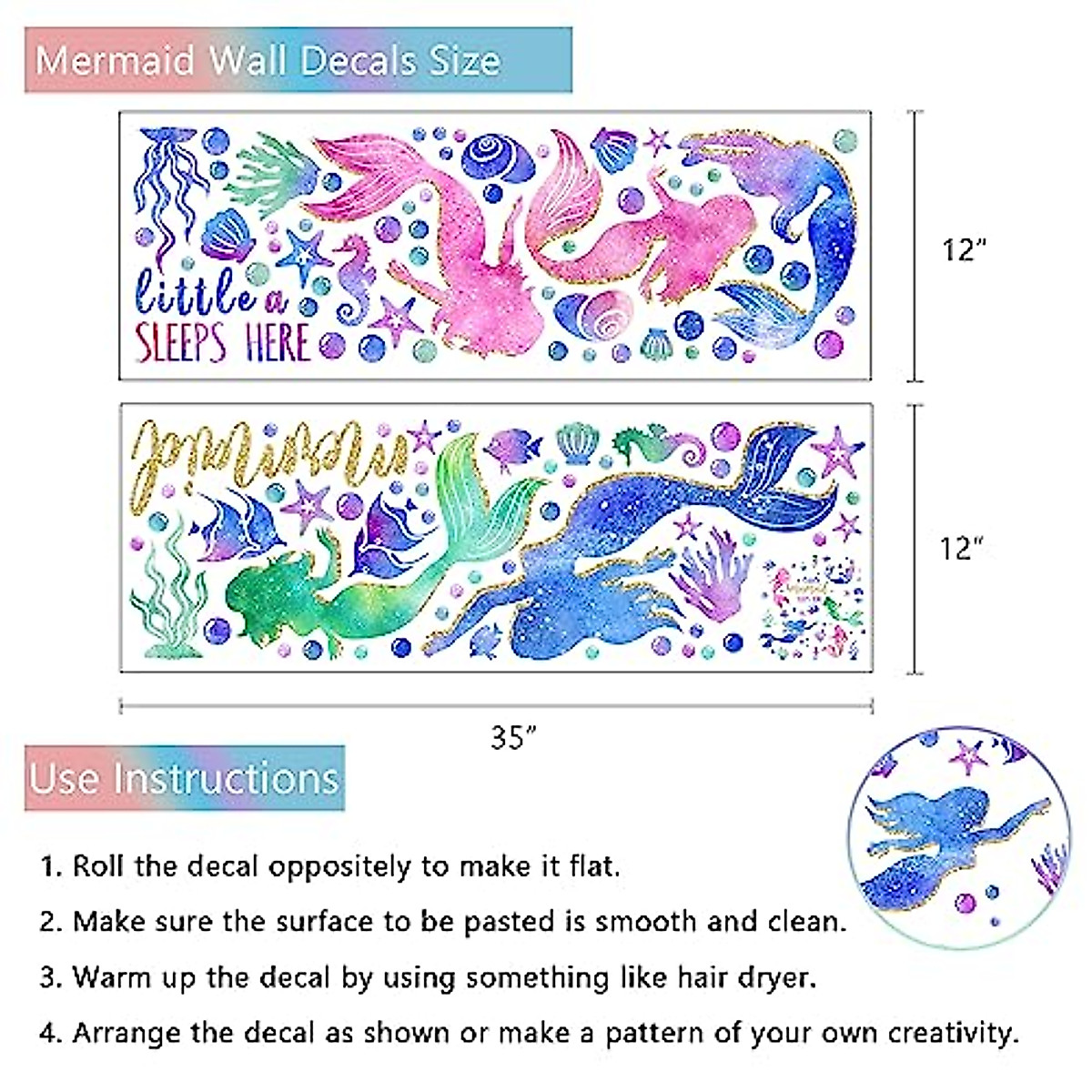 Yovkky Baby Girls Mermaid Wall Decals Stickers, Under The Sea Ocean Creatures Fish Conch Bubble Glitter Nursery Kids Room Crib Decor, A Little Mermaid Sleeps Here Home Decorations Bedroom Art