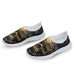 Golden Skull Sneakers Slip Resistant Print Shoes No Shoelaces Slip On Walking Travel Shoes for Women Girls No Laces Mesh Shoes Heels Work Travel Mesh Slip On Shoes Arch Support Hands Free Sneakers