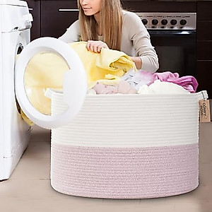 COMFY-HOMI New Extra Large Blanket Storage Basket 21''x21''x13.6''|Toy Organizers and Storage|Cotton Rope Woven Round Basket for Blanket|Baby Basket for Newborn-White/Pink