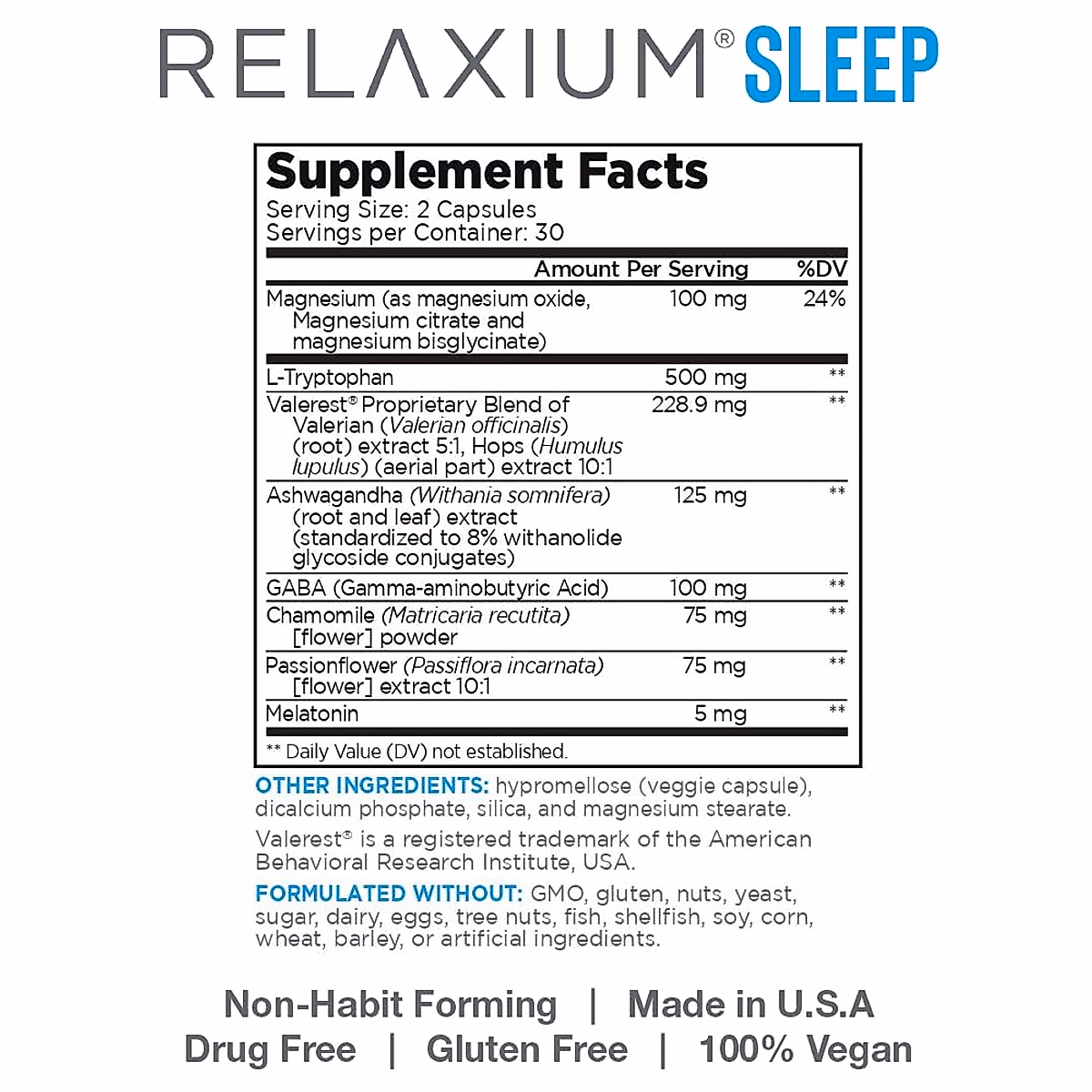 Relaxium Sleep Aid for Adults, Melatonin 5mg with Magnesium Glycinate, Sleep-Promoting Valerest & Ashwagandha, Non-Habit Forming Sleep Supplement, 60 Capsules, 30-Day Supply