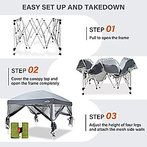 AIGOCANO Canopy Tent with Netting Screen,10x10 Easy Pop Up Gazebo for Outdoor Parties,Camping,Foldable Patio Gazebo with Roller Bag and 4 Sandbags(Grey)