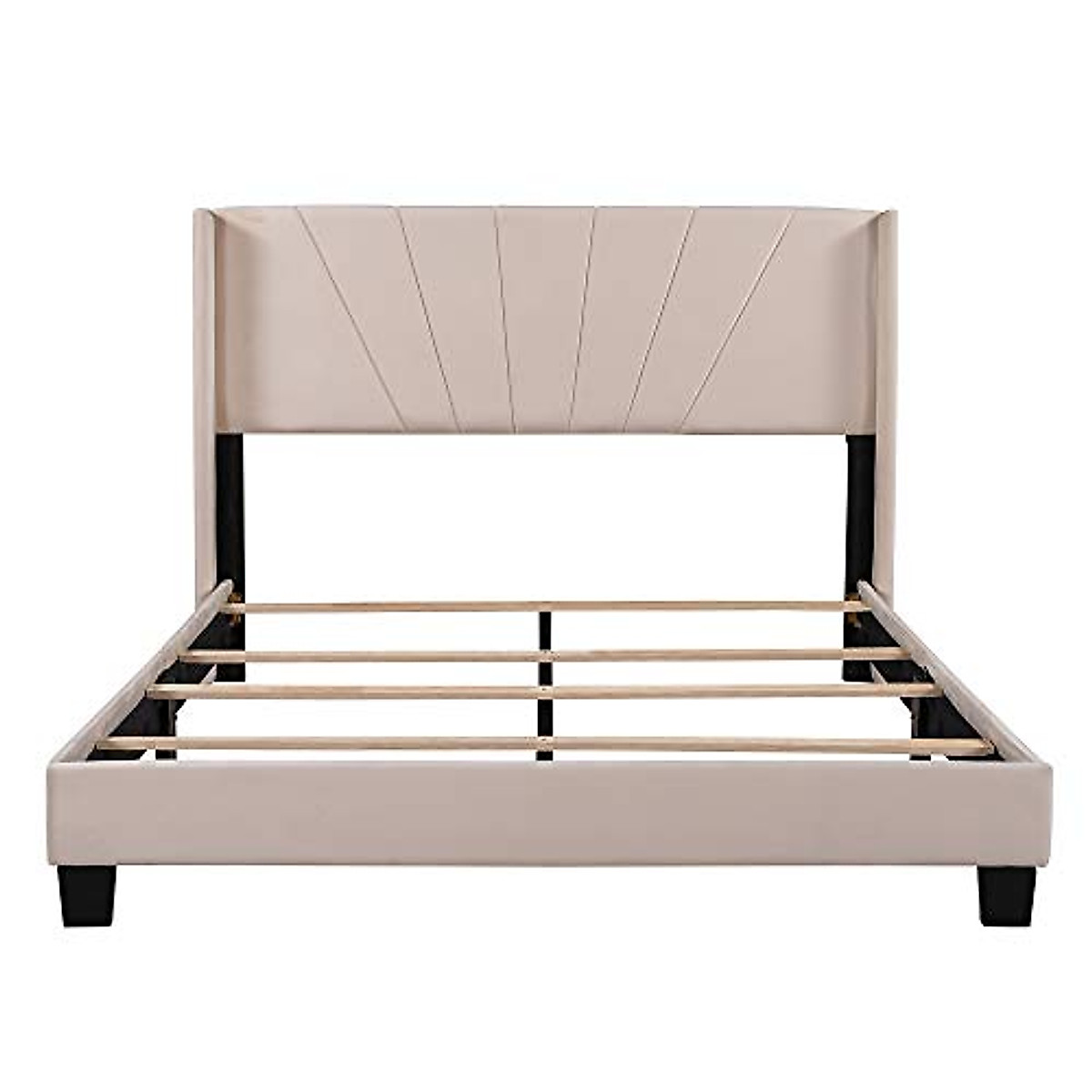 Woanke Queen Size Platform Bed, Velvet Upholstered Bed Frame with Headboard, Box Spring Needed, Beige