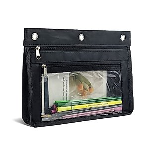 YoeeJob 1 Pack Pencil Pouch for 3 Ring Binder, Expandable Binder Pouches with Zipper, Large Capacity Pen Holder Case with Clear Window School Class Office Organizers, Black