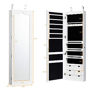 CHARMAID 5 LEDs Mirror Jewelry Armoire Wall Mounted Door Hanging, Lockable Jewelry Cabinet with 47.5"H Full Length Mirror, 6 Storage Drawers, Large Capacity Jewelry Organizer Box with Drawers (White)
