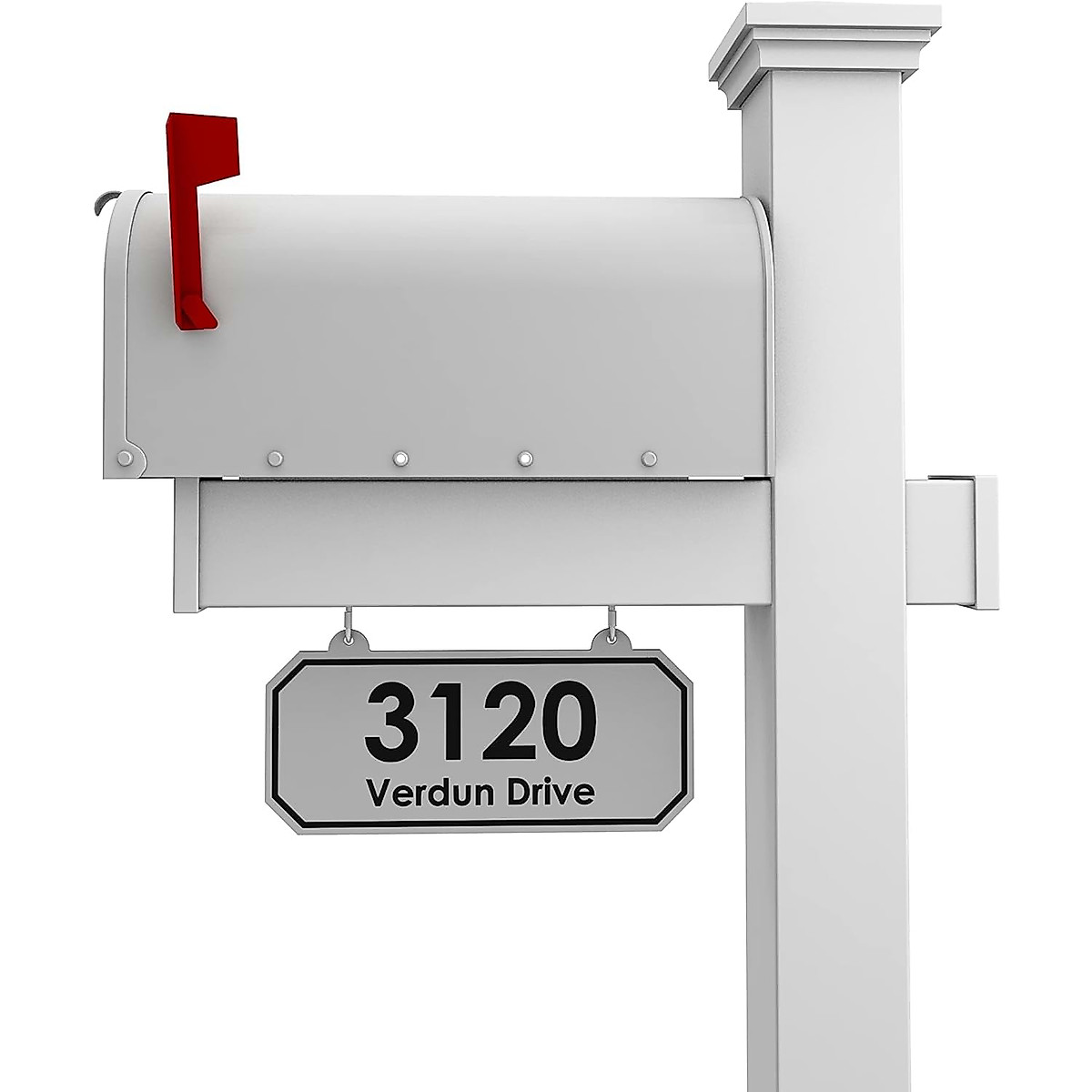 4Ever Products The Jackson Complete Mailbox System - Vinyl/PVC Post (includes Mailbox) Decorative Curbside Postal Solution with Classic Traditional Style and Hanging Address Plate (White Mailbox)