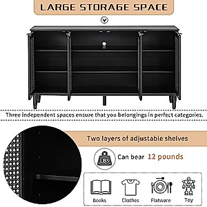 Black Sideboard Buffet Cabinet with Artificial Rattan Door, Large Buffet Sideboard Storage Cabinet with Adjustable Shelves, Sideboard Buffet Table for Living Room, Kitchen, Dining Room