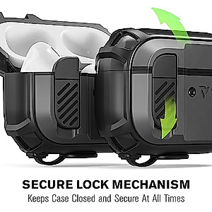 VENA vArmor Rugged Case for Apple AirPods Pro 2, (Secure Lock Mechanism) Heavy Duty Full Body Shockproof Protection Cover with Carabiner for AirPods Pro 2nd Generation 2022 - Graphite Gray/Black