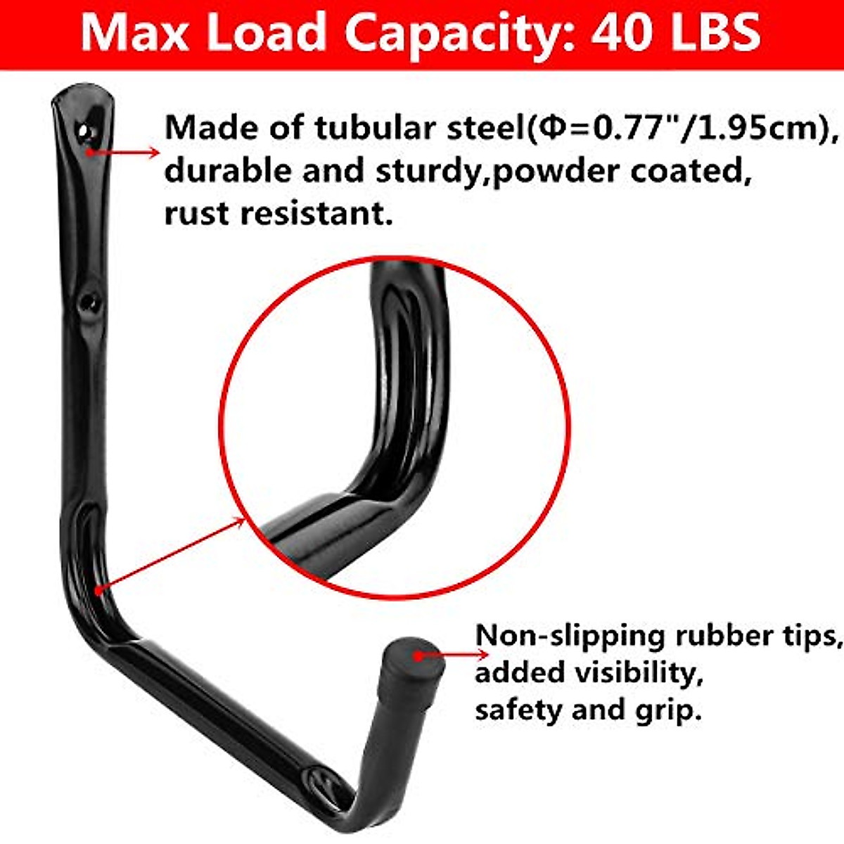 Yisunnan Heavy Duty Giant Garage Storage Hook Wall Mounted Utility Hanging Rack for Surfboard,Ladder,Kayak (6 Pcs Black 10" J Hook)