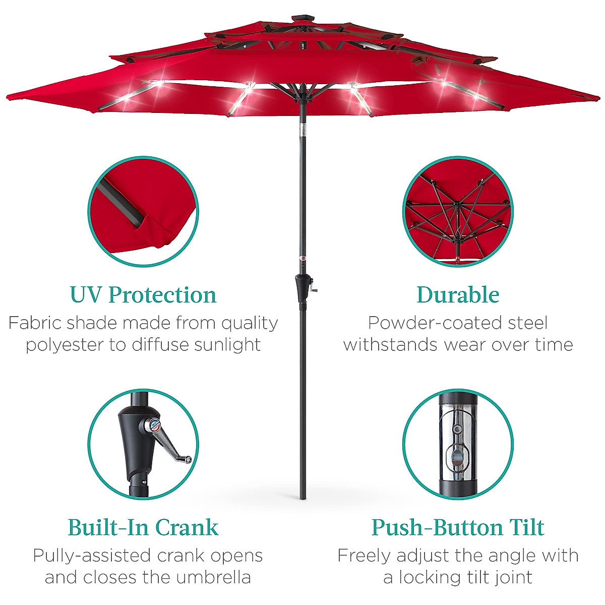 Best Choice Products 10ft 3-Tier Solar Patio Umbrella, Outdoor Market Sun Shade for Backyard, Deck, Poolside w/ 24 LED Lights, Tilt Adjustment, Easy Crank, 8 Ribs - Red