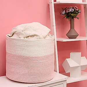 Sea Team Large Size Cotton Rope Woven Storage Basket with Handles, Laundry Hamper, Trunk Organizer, Clothes Toys Bin for Kid's Room, 15 x 13 inches, Round Open Design, White & Variegated Pink