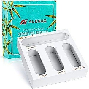 ALEXUZ Bamboo Food Storage Bag Organizer for Kitchen Drawer, Baggie Organizer Dispenser Compatible with Ziploc, Solimo, Glad, Hefty for Gallon, Quart, Sandwich & Snack Variety Size Bags (White)