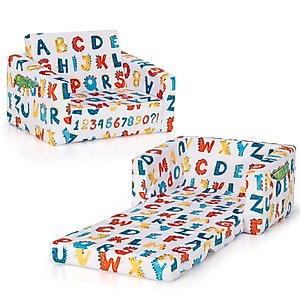 Costzon Kids Couch, 2 in 1 Flip Open Children's Sofa w/Velvet Fabric, Storage Pockets, Toddler Armrest Chair Bed for Nap Play Sleep, Ideal Gift for 0-4 Years Old Baby Boys Girls, Alphabet