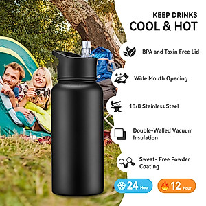 Cool Yoleb 32 oz Insulated Water Bottle with Straw & Spout Lid, Leak Proof Metal Water Bottles, Stainless Steel Double Wall Vacuum, Wide Mouth Thermal Water Bottle for Travel Sports (Black, 1)