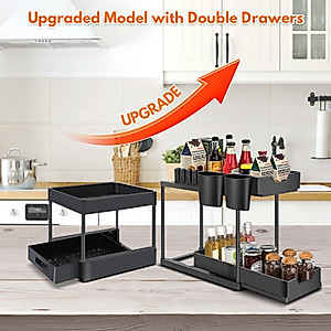 VTVTKK Double Sliding Cabinet Organizer Drawer, Under Sink Organizers and Storage, 2 Tier Under Sink Organizer with 4 Hooks, 2 Hanging Cups, Bathroom Cabinet Organizer for Kitchen Bathroom Cabinet