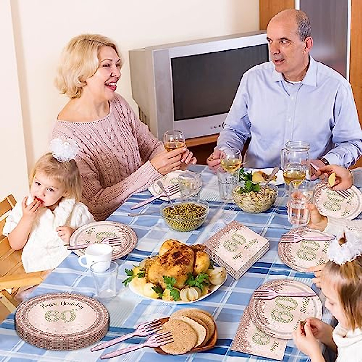 96PCS 60th Birthday Party Tableware Set 60th Birthday Party Supplies 60th Birthday Plates and Napkins 60th Birthday Party Decorations for Women Pink Rose Gold Birthday Plates Napkins Forks Serve 24