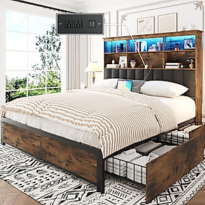 Lifezone Queen Bed Frame with Headboard, Queen Bed Frame with High Storage Bookcase Headboard,4 Storage Drawers & Charging Station & LED,No Box Spring Needed/Noise Free/All-Metal Support,Vintage Brown