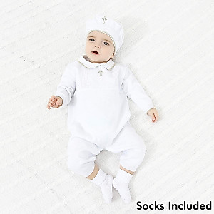 HAPIU Baby Boy Baptism Outfit with Hat Christening Outfit-Cross Detail, 6-9M, Pure White