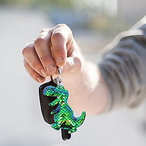QTKJ Cute Reversible Mermaid Glitter Pompom Sequins Dinosaur Pendant Keychain Key Chain for Women Car Bag Accessories Key Ring (Green)