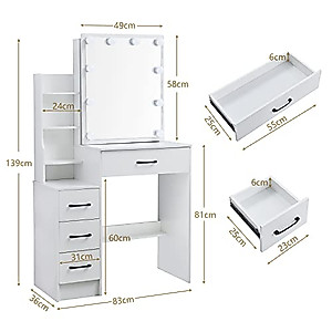 Abesthink Makeup Vanity with Ligjhts Mirror and Charging Station,White Vanity Makeup Desk with Lights and Storage Drawers,Lighted Vanity Set Dressing Table with Stool for Girls