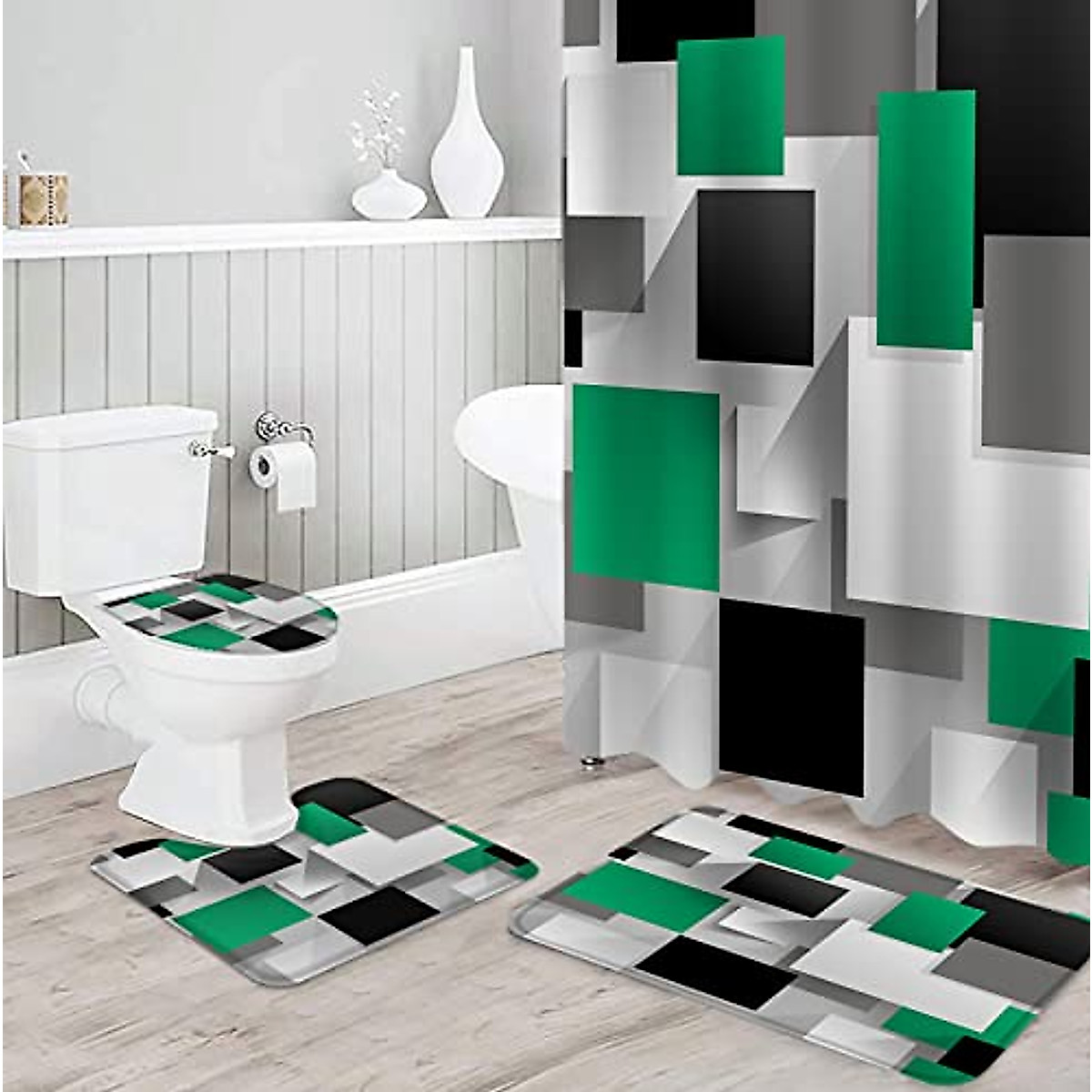 4 Pcs Shower Curtain Set with 12 Hooks Geometric 3D Abstract Green Black Gray Square Pattern Bathroom Sets with Non-Slip Bath Mat Toilet Lid Cover Waterproof Durable Shower Curtain and Rugs