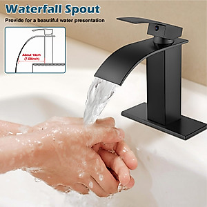 Midanya Matte Black Bathroom Sink Faucet Waterfall Spout Single Handle 1 Hole Deck Mount Mixer Tap Lavatory Vanity Sink Faucet Commercial with Deck Plate and Pop Up Drain