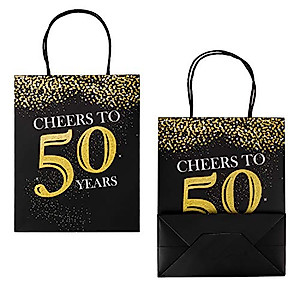 WRAPAHOLIC Medium Size Gift Bags - 12 Pack Cheers to 50 Years Black and Gold Glitter Paper Bags with Gold Tissue Paper for Birthday, Party, Anniversary, Wedding - 8" x 4" x 10"
