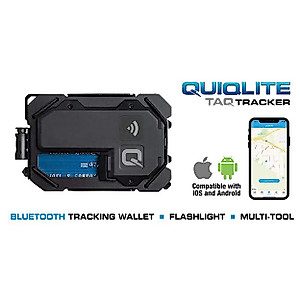 QUIQLITE TAQTracker, Slim Bluetooth Tracking Locator Wallet with Rechargeable LED Flashlight, Safety Strobe and Multi-Tool- Blue/Black