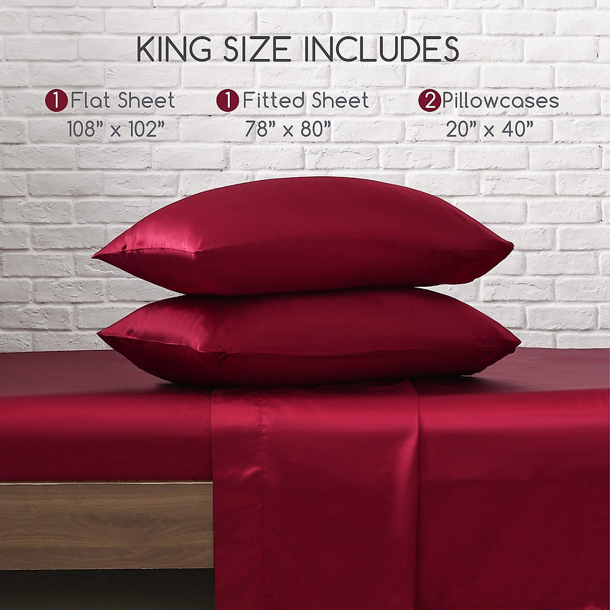 MR&HM Satin Bed Sheets, King Size Sheets Set, 4 Pcs Silky Bedding Set with 15 Inches Deep Pocket for Mattress (King, Burgundy)