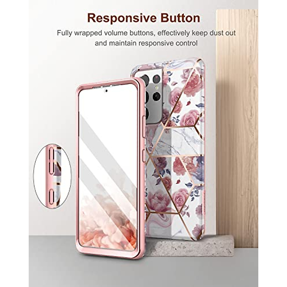 SURITCH Phone Case for Samsung Galaxy S21 Ultra 6.8 inches Slim Fit, Front Cover with Built-in Screen Protector Smooth Back Cover Full Body Protection Shockproof Bumper, Rose Marble