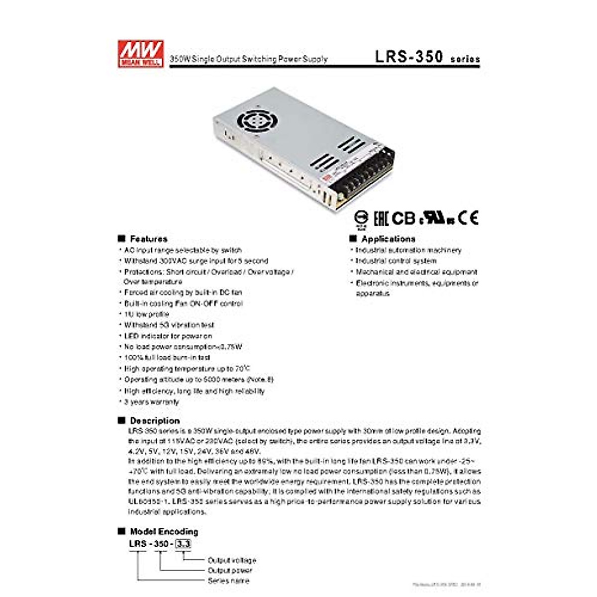 MEAN WELL LRS-350-24 350.4W 24V 14.6 Amp Single Output Switchable Power