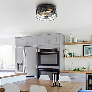 Flush Mount Ceiling Light Fixture, 12 Inch Close to Ceiling Light with Black Metal Cage, Modern Industrial Ceiling Lamp with Seeded Glass for Kitchen Hallway Bedroom Living Room Foyer