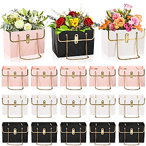 Pumtus 15 Pack Flower Paper Gift Bag, Bouquet Portable Flower Handbag Box with Metal Chain, Rectangle Wedding Gift Wrap Bag, Small Florist Carrier Bag for Arrangements, Valentine's Day, Birthday