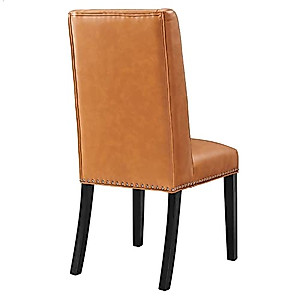 Modway Baron Modern Tall Back Wood Vegan Leather Upholstered Two Dining Chairs in Tan