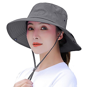Mukeyo Womens Ponytail Sun Hat Summer Foldable Wide Brim Outdoor UV Protection Mesh Bucket Cap for Beach Fishing Hiking Gardening Grey