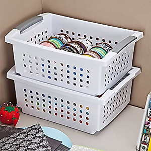 Sterilite Small Plastic Stacking Storage Basket Container Totes w/Comfort Grip Handles and Flip Down Rails for Household Organization, White, 8 Pack