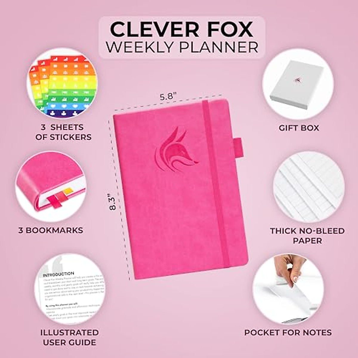 Clever Fox Planner – Undated Weekly & Monthly Planner for Productivity, Time Management & Goals – Organizer Journal – A5 (Hot Pink)