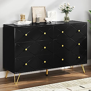 DWVO Large 6 Drawer Dresser for Bedroom, Black Wood Dresser Chest of Drawers with Fluted Panels, Modern 47" W TV Stand Double Dressers Storage Cabinet for Living Room, Hallway, Entryway