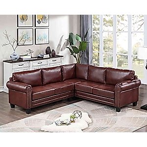 Cotoala Leather Sectional Sofa, L-Shape Corner Couch with Scroll Arms & Rivet Ornament for Living Room, Home Furniture, Apartment, Dorm, Brown PU