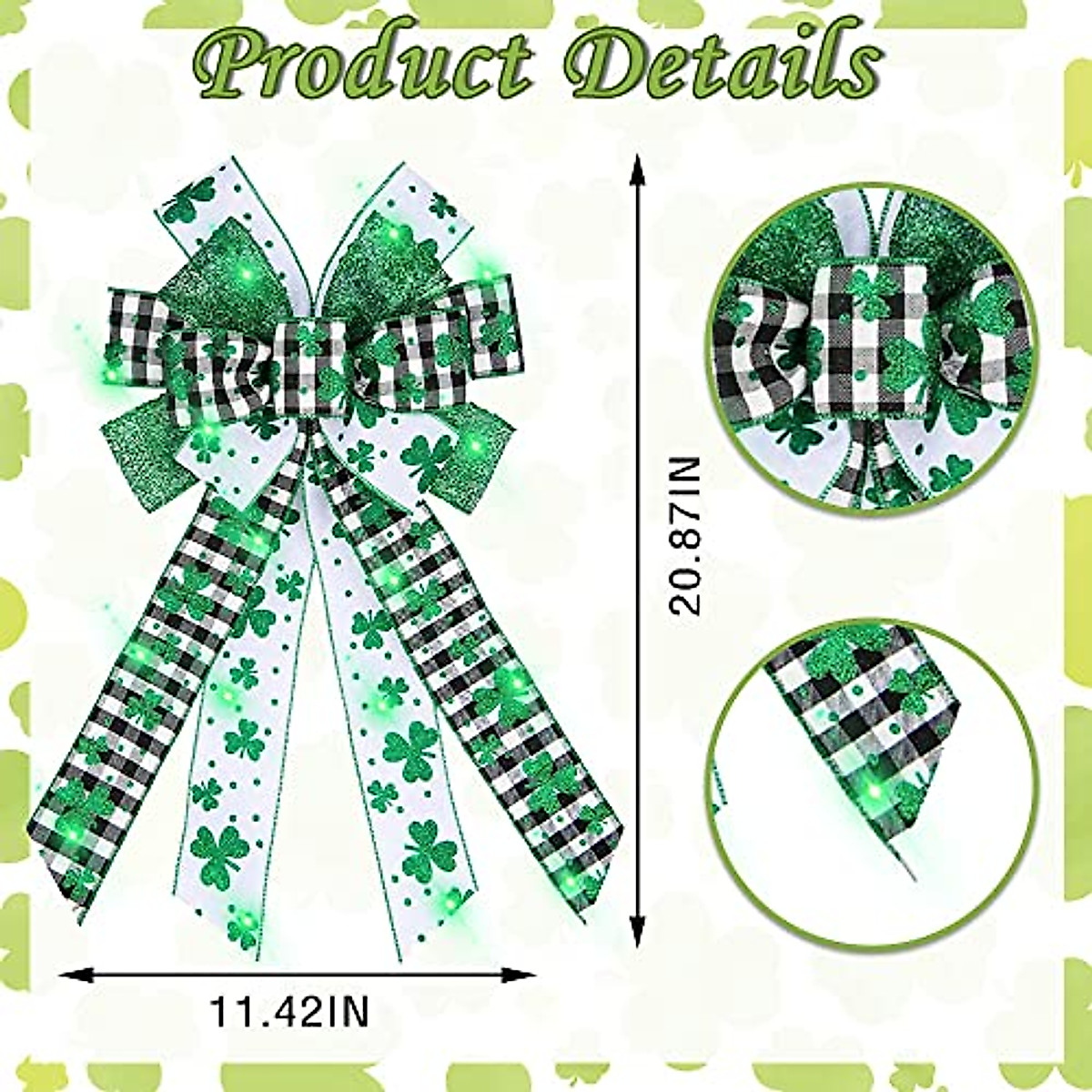 Saint Patrick's Wreath Bows St. Patrick Bows with Mini LED Glitter White Clover Plaid Burlap Bow for Wreaths, St Patrick's Day Ribbon Bows Tree Topper Bows for Indoor Outdoor Decoration Supplies