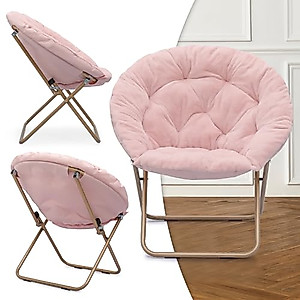 MoNiBloom Round Folding Faux Fur Saucer Chair for Bedroom Living Room Dorm Foldable Metal Frame Oversized Large Comfy Furry Padded Soft Cozy Moon Chair with Footrest Ottoman for Adults (Pink)