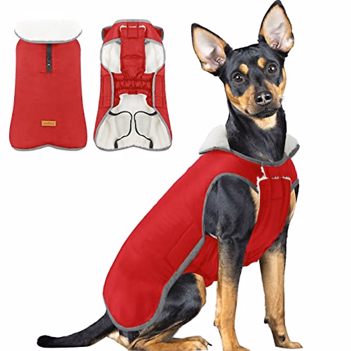 ALAGIRLS Thick Fleece Lining Winter Dog Coat, Classic Padded Warm Dog Coat with Harness Hole, Windproof Dog Vest Clothes Pet Apparel for Cold Weather, Red L