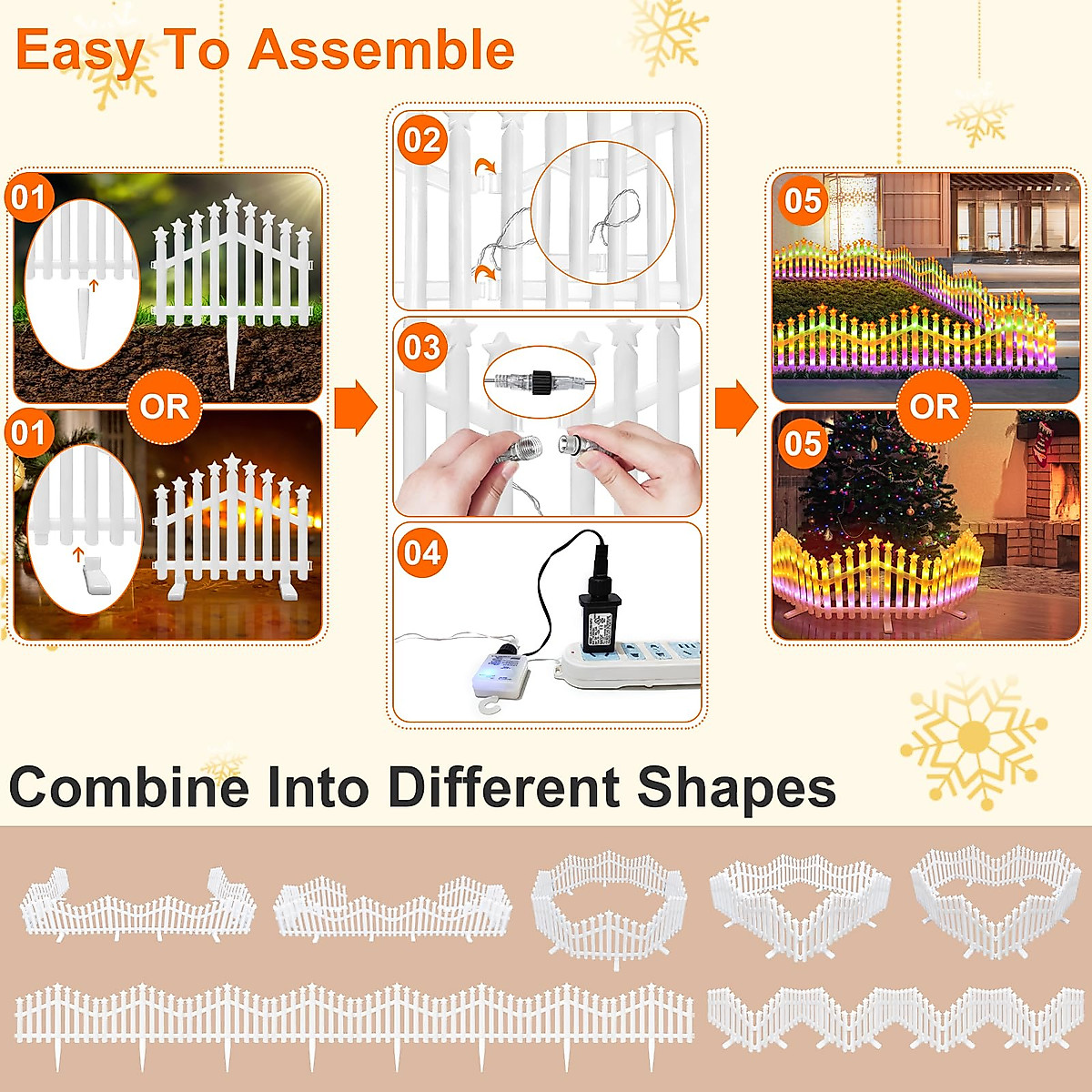 Garden Picket Fence Lights 8 Pack, 11 Modes Fence Lights with Remote,13.8 x 11 inch Christmas Tree Fence Lights Plug in,Plastic White Edgings Garden Picket Fence Lights for Landscape Patio Yard Xmas