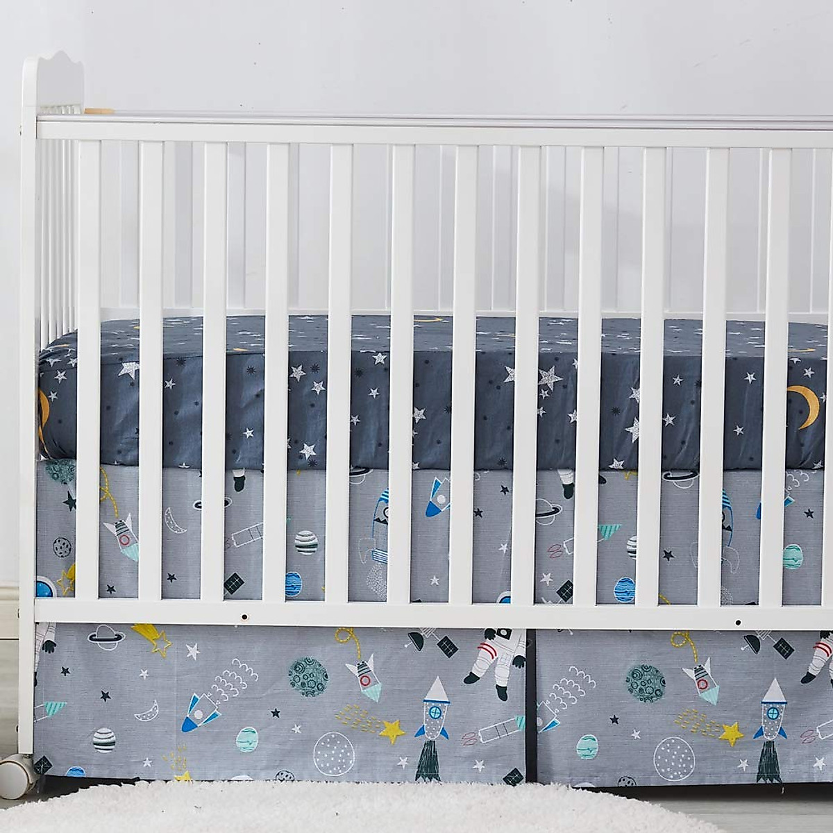 Brandream Space Crib Bedding Sets for Boys 3 Piece Adventures Rocket Galaxy Nursery Set | Astronaut Crib Blanket, Stars Fitted Crib Sheet, Gray Crib Skirt Included