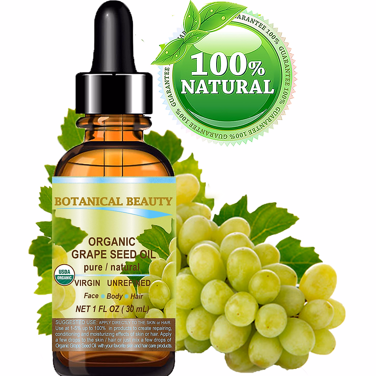 Botanical Beauty Organic GRAPE SEED OIL 100% Pure Natural VIRGIN UNREFINED Cold-Pressed Carrier Oil 1 Fl oz 30 ml for Face, Skin, Body, Hair, Lip, Nails, Massage. Rich in Vitamin E