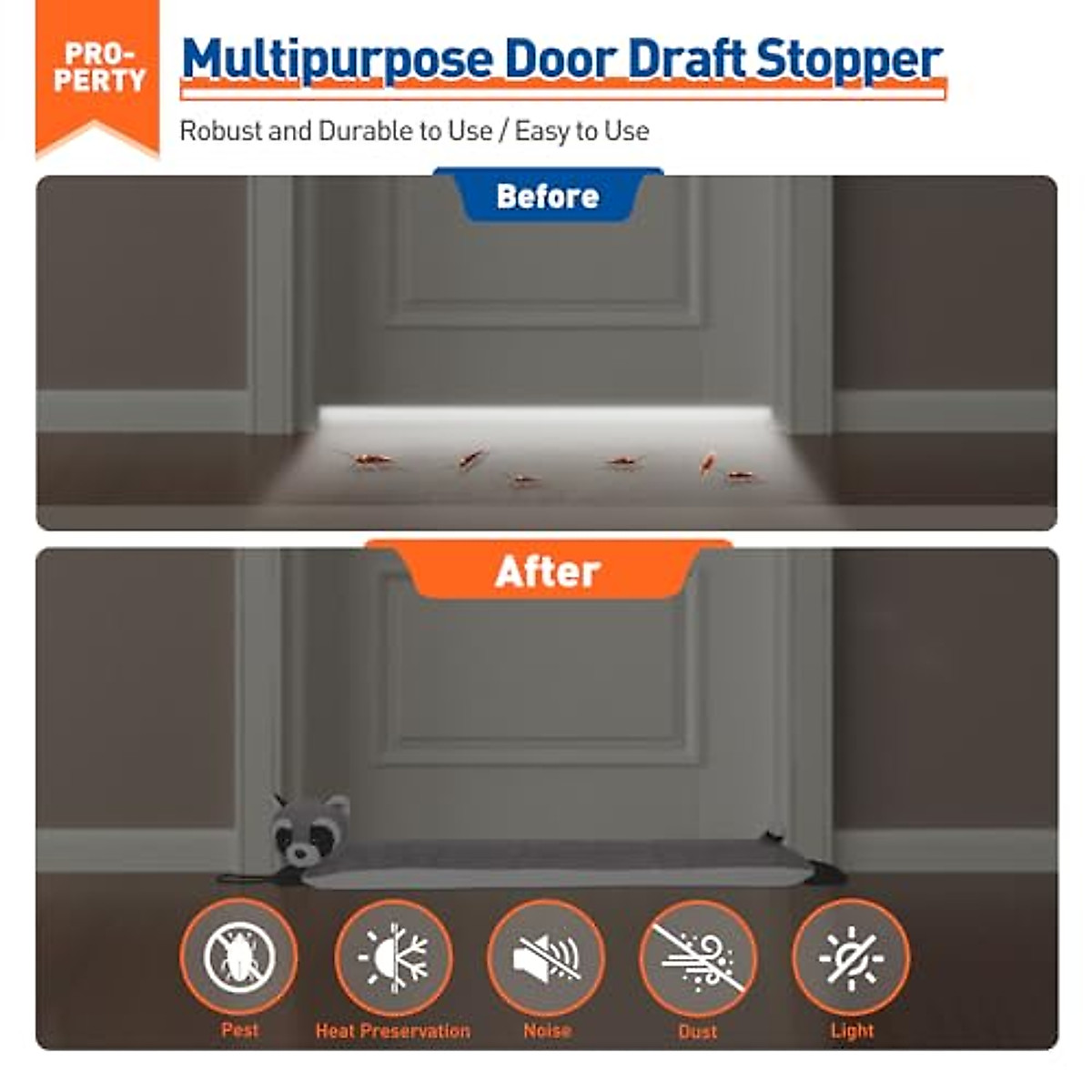 MAGZO Under Door Draft Stopper 36 Inch, Weighted Animal Noise Blocker for Door, Raccoon Draft Guard with Hook Loops