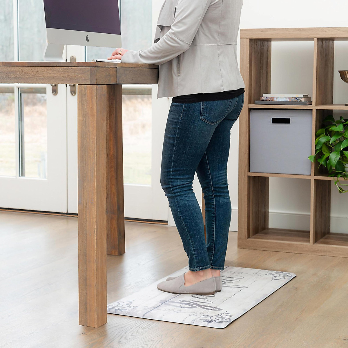 Home Dynamix Cozy Living Grateful Floral Runner Anti-Fatigue Kitchen Mat, Non-Slip Floor Mat, Padded Standing Desk Mat, Grey/Cream, 17.5"x30"