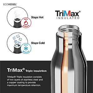 EcoVessel ASPEN Stainless Steel Water Bottle with Insulated Lid, Metal Water Bottle with Rubber Non-Slip Base. Wine Tumbler Reusable Water Bottle - 16oz (Black Shadow)